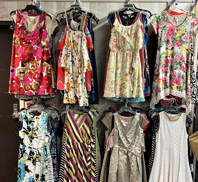 A garden of floral dresses blooms year-round, no watering required—just add confidence and sunshine.