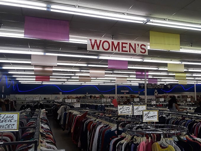 Welcome to the women's department – a color-coded wonderland where yesterday's fashion statements await their second chance to shine.