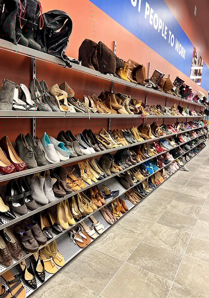 A shoe lover's paradise where hundreds of pairs await new adventures – from practical flats to statement heels, all meticulously arranged by size.