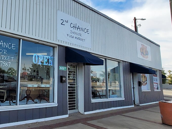 Secondhand paradise in blue and white! 2nd Chance's storefront promises air-conditioned antiquing—the holy grail for desert-dwelling collectors seeking vintage furniture treasures.