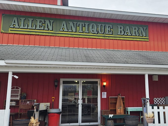 Allen Antique Barn: "Red as a fire engine and twice as exciting. This barn doesn't grow hay—it grows collections and stories."