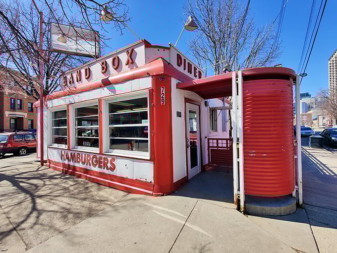 The Band Box's fire-engine red exterior is like a tiny valentine to burger lovers in the heart of Minneapolis.