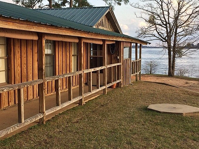 This weathered wooden cabin by the water looks like a secret fishing buddies won't share.