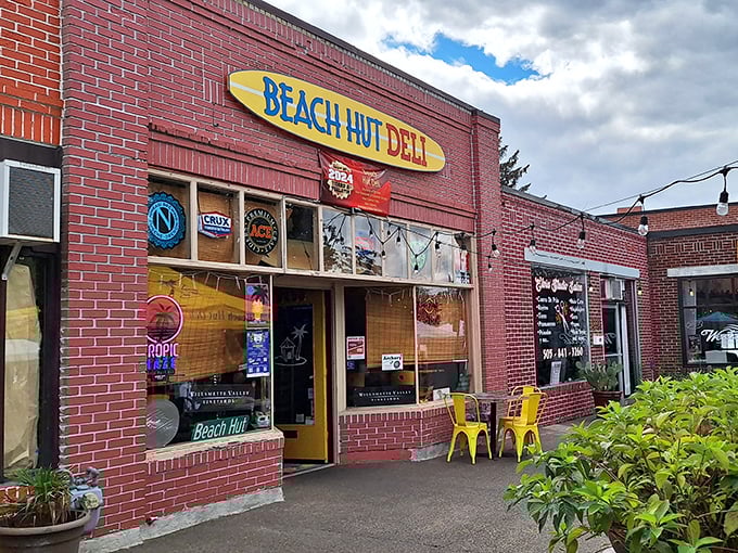 Beach Hut's brick facade promises surf-inspired sandwiches far from any actual sand – brilliant misdirection!