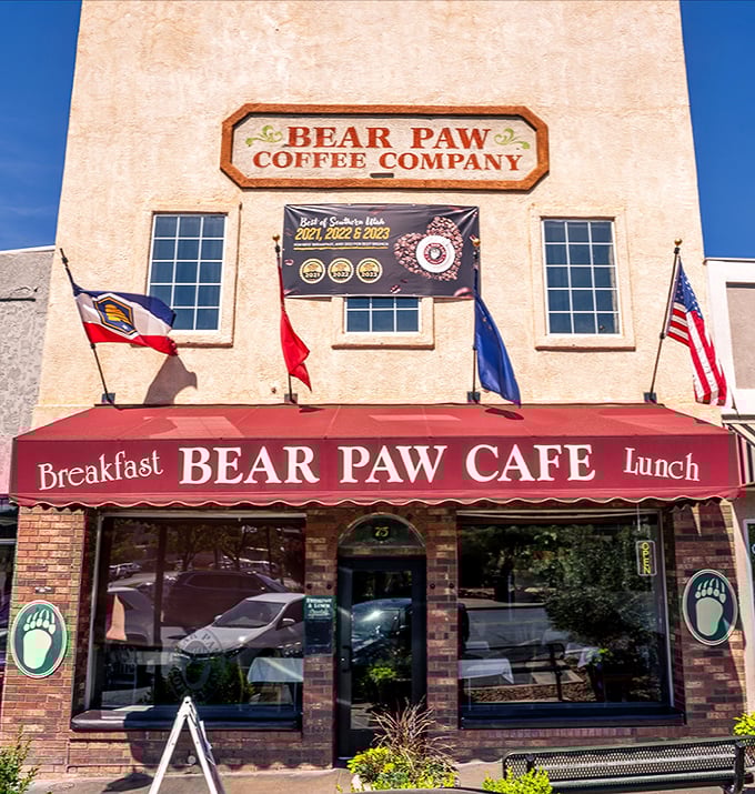 Bear Paw Café's brick facade in St. George suggests serious breakfast business happens behind these charming walls.