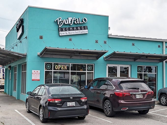 Buffalo Exchange's turquoise facade stands out like a cool oasis in Austin's urban landscape. Curated vintage paradise!