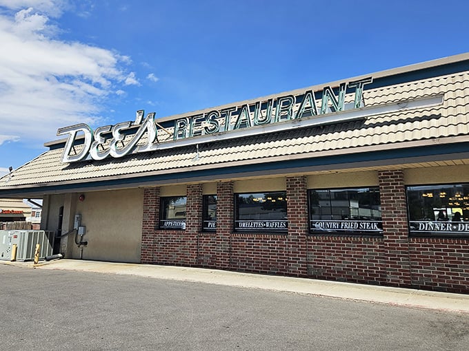 The brick facade and bold lettering announce serious comfort food credentials - no pretense, just satisfaction.