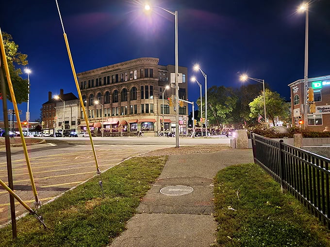By night, Dover’s historic downtown feels like a scene from a storybook—brick facades, warm lights, and local charm at every corner.