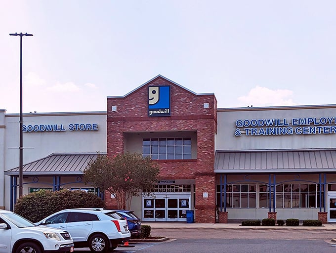 Goodwill's brick facade stands like a cathedral to second chances. That smiling "g" logo knows exactly what you'll find inside.