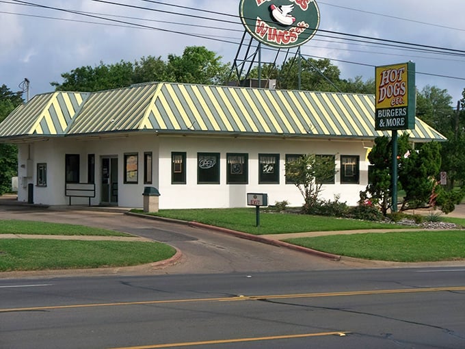 That distinctive yellow and blue striped roof is like a rainbow leading to a pot of hot dog gold.