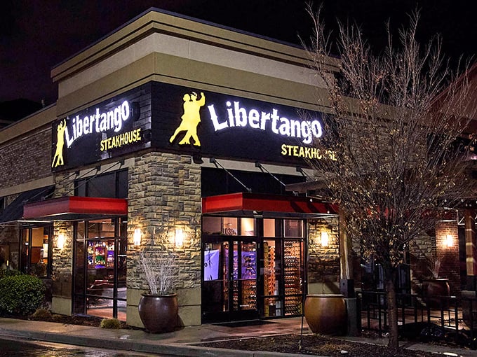 Evening lights transform this steakhouse into something straight from a romantic dinner movie.