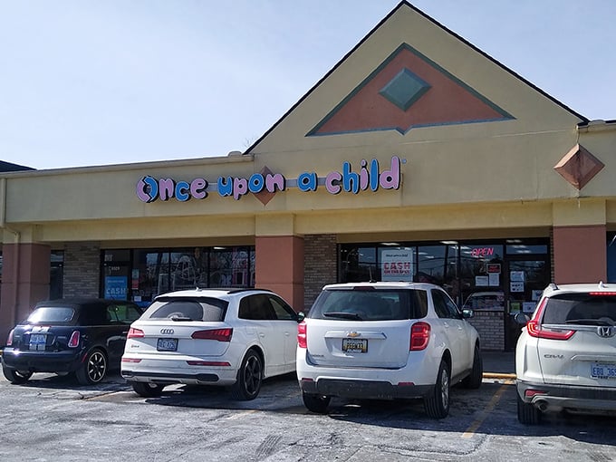 Once Upon A Child's cheerful storefront promises family-friendly shopping adventures for parents and kids alike.