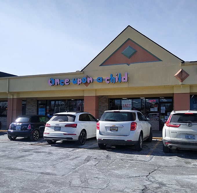 Once Upon A Child's whimsical storefront hints at the kid-focused wonderland inside—where outfitting growing children won't require a second mortgage.