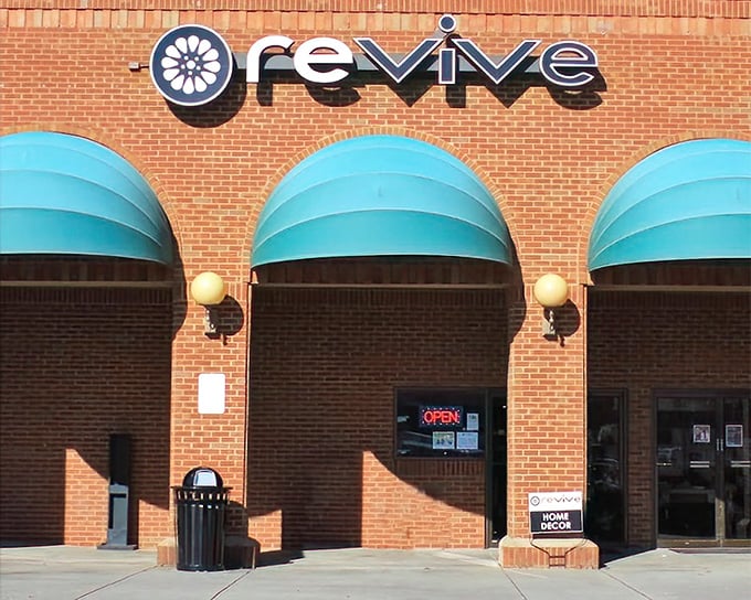 The stone and brick exterior suggests this isn't your average thrift store experience inside.