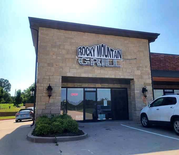 Rocky Mountain Grill's rugged stone facade hints at the hearty breakfast adventures waiting inside.