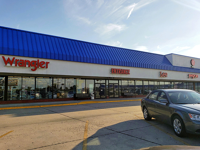 The bold blue awning of Sikeston Factory Outlet Stores signals serious savings ahead. Wrangler and Lee await your fashion emergency!