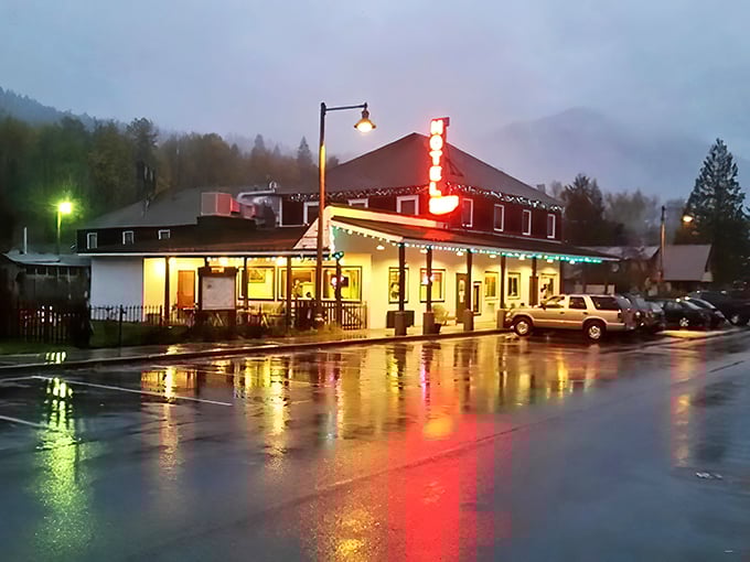 Skykomish glows with warm light against the gathering dusk. This little railroad town knows how to make a rainy evening look downright cozy.