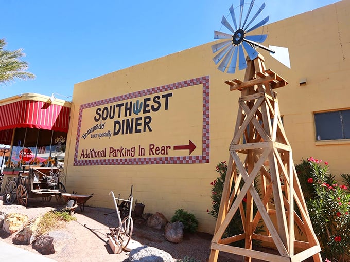 The rustic windmill and desert landscaping transport you to simpler times when meals meant something special.