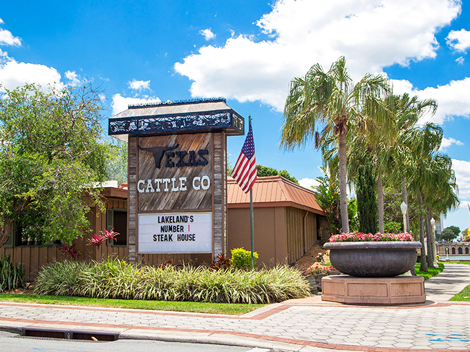 Texas Cattle Company's rustic charm and American flag say it all – serious steaks served with a side of patriotic pride.