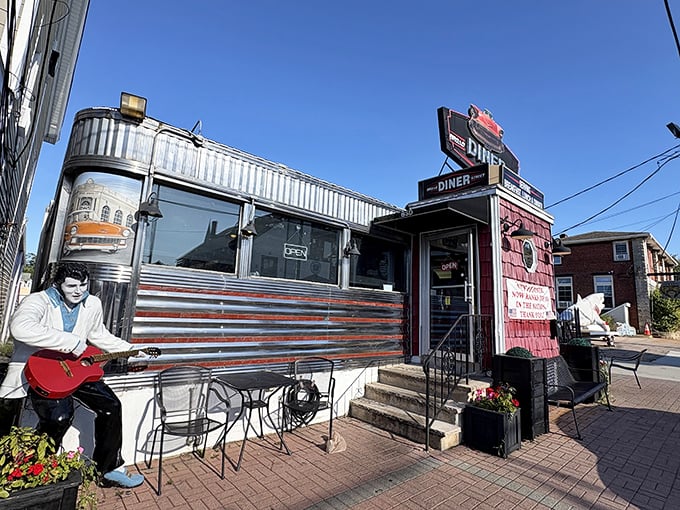 Elvis hasn't left the building at Broad Street Diner—he's outside welcoming you to a chrome-clad temple of breakfast delights.