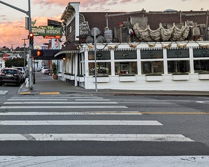 The Old Clam House at sunset – where history and incredible seafood have been served side by side since 1861.