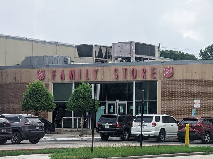 The classic brick Salvation Army building stands like a neighborhood beacon for bargain seekers everywhere.