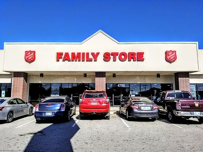 The Salvation Army's red letters shine like a promise of both good deeds and great deals.