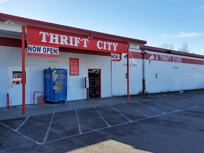 Thrift City's bold red-and-white color scheme makes it impossible to miss—like a beacon for bargain hunters.