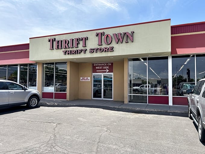 Thrift Town's retro signage hints at the time-traveling adventure waiting inside, where yesterday's castoffs become today's must-haves at prices from another era.