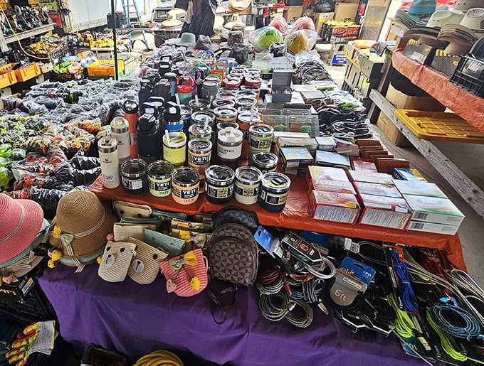 Tables overflow with everything from insulated mugs to hats - it's like Christmas morning for bargain hunters.