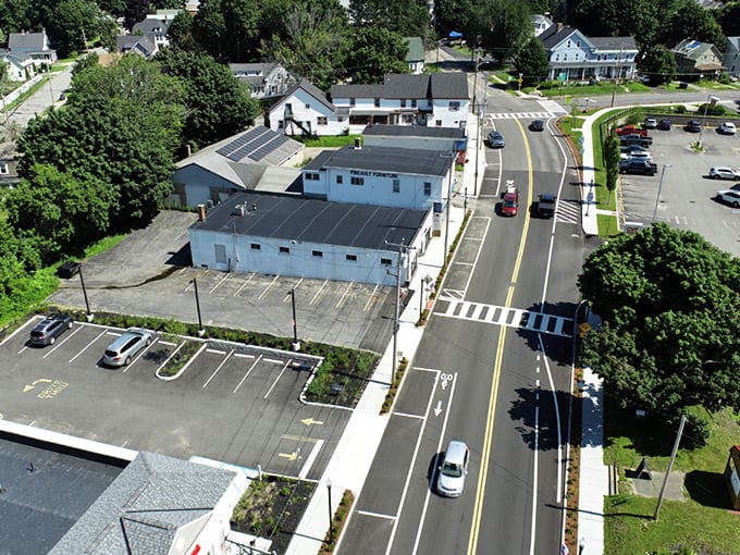 A bird’s-eye view of Winchendon reveals a quiet downtown where freshly paved streets and tidy storefronts reflect small-town pride and New England simplicity.