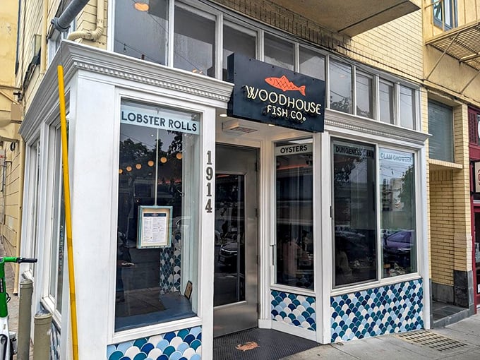 Woodhouse Fish Co.'s beautiful blue-tiled facade stands out on Fillmore Street. Those fish scale patterns hint at treasures within!