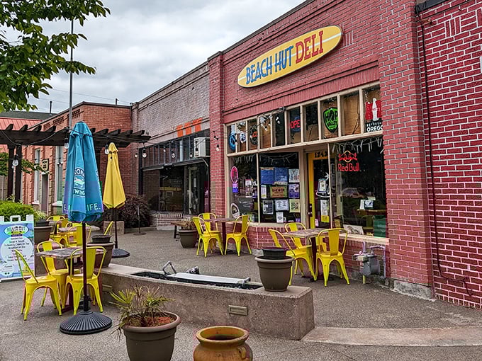Those cheerful yellow chairs outside scream "vacation mode" even on a regular Tuesday lunch break.