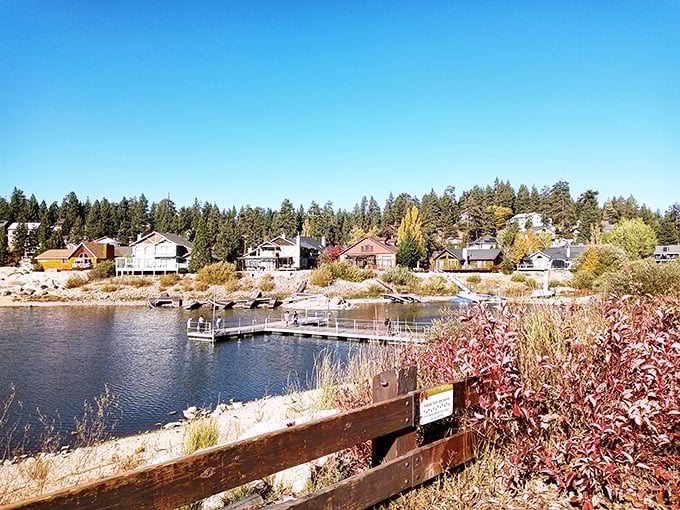 Lakefront cabins nestle among autumn colors where wooden docks invite you to cast a line peacefully.