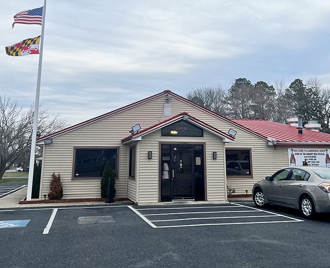 Flying both American and Maryland flags, Cambridge Diner stands ready to serve comfort food that feels like a patriotic duty to enjoy.