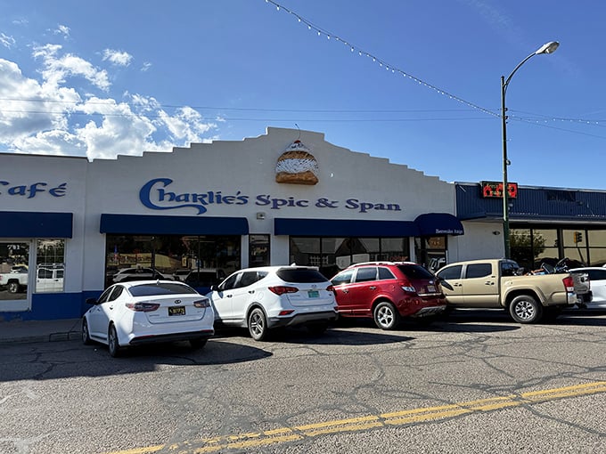 Blue trim against New Mexico's endless sky—Charlie's Spic & Span stands ready to fulfill your sopapilla fantasies.