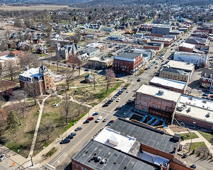 The view from above shows Coshocton's thoughtful layout—a place where you can actually find everything without consulting GPS.