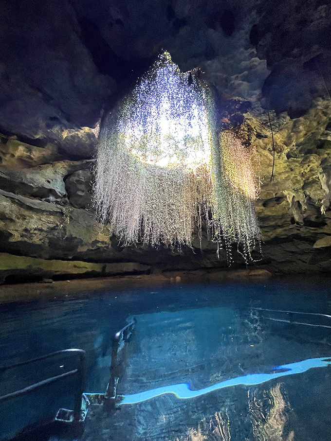 Prehistoric wonder with modern stairs! This illuminated formation in Devil's Den dangles like nature's own fiber optic chandelier above the glowing pool.