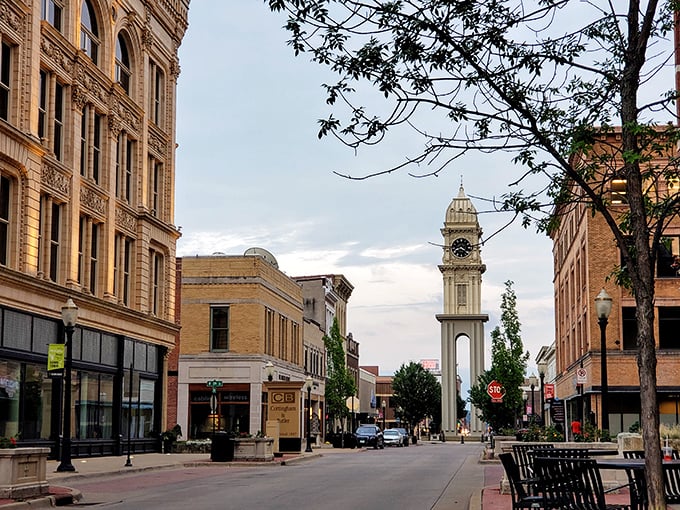 Downtown Dubuque offers timeless charm with its historic architecture, tree-lined streets, and the iconic clock tower welcoming visitors warmly.