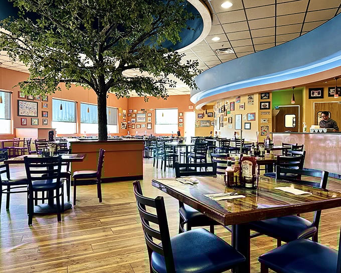 That indoor tree isn't the only surprising thing about this diner—wait until you see pancakes bigger than your face!