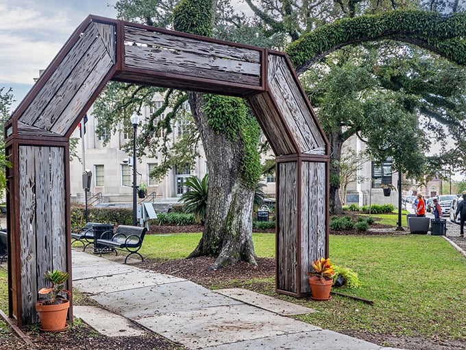 This charming wooden archway in downtown Houma welcomes visitors like an old friend's front porch.