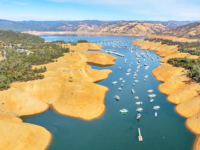 Nature's bathtub ring! Kelly Ridge's low-water marina resembles a nautical parking lot where boats gather like seniors at an early-bird special.