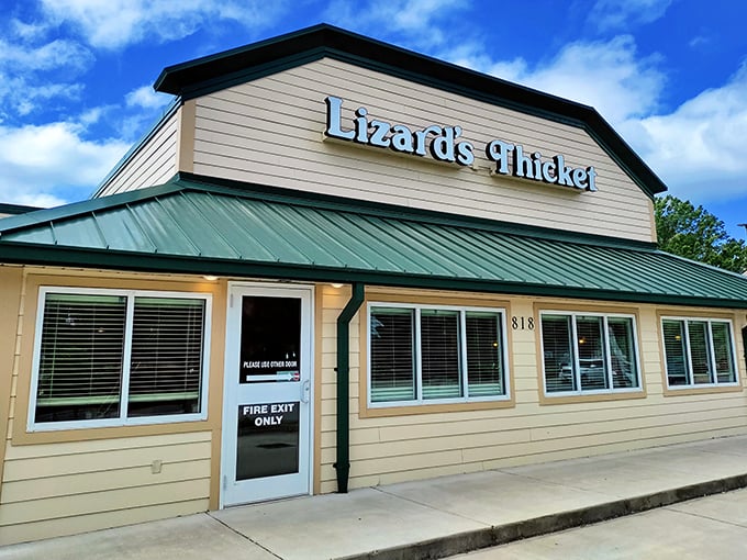 Blue skies and comfort food—Lizard's Thicket serves up Southern classics under that distinctive green roof.