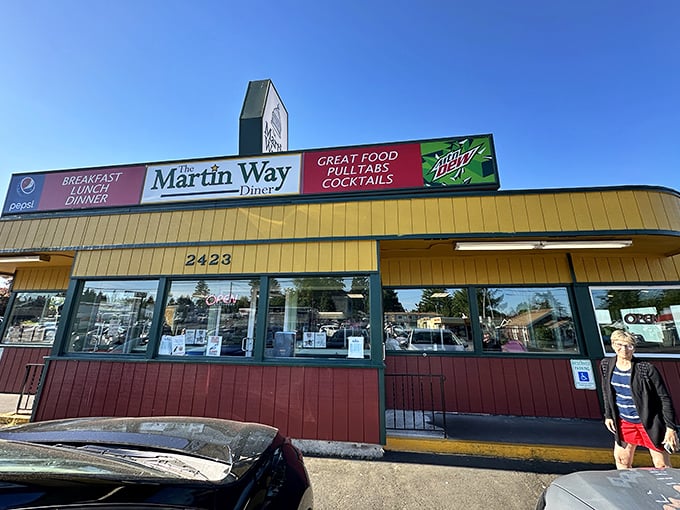 Martin Way Diner: The sign promises breakfast, lunch, dinner AND cocktails. That's not a diner—that's a lifestyle choice I fully support.
