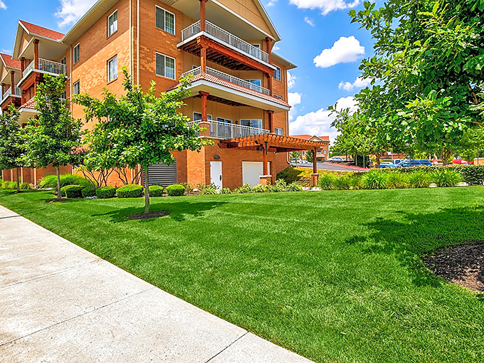 Brick and balcony charm that proves retirement communities can look like real neighborhoods, not hospitals.