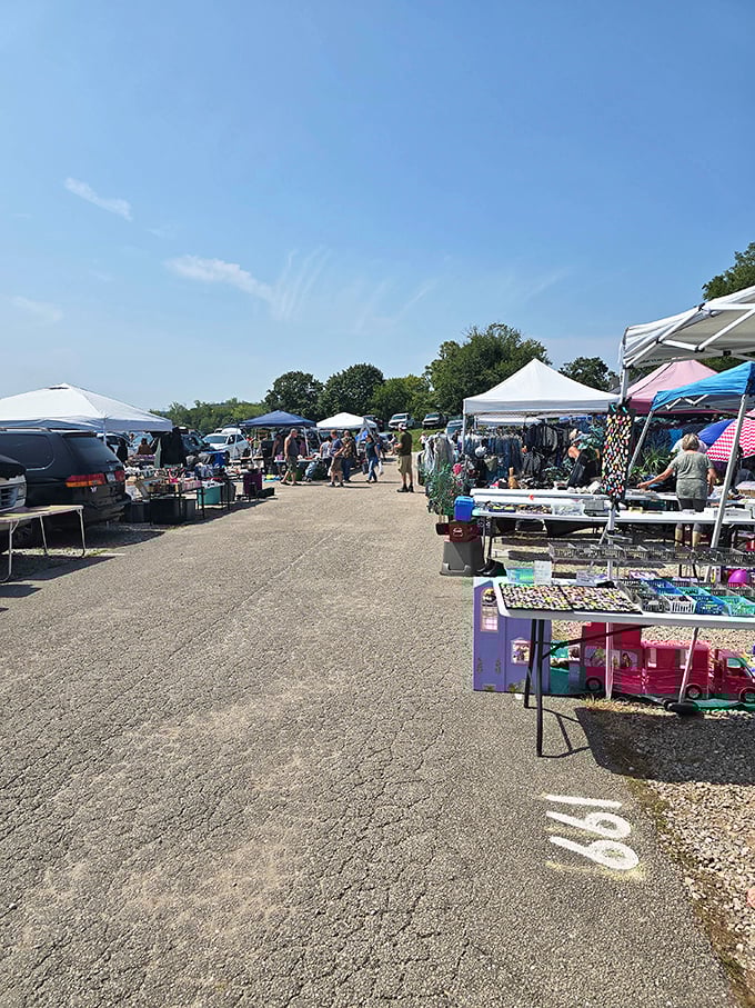 The great American pastime—shopping outdoors! Vendors line up their tables with everything from toys to tools under clear blue skies.