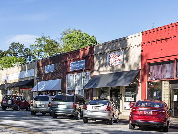 Mature oaks provide welcome shade to Pendleton's downtown shopping district, where red brick storefronts house unique local businesses.