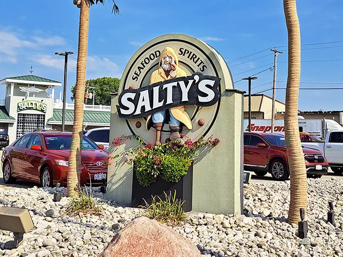 Palm trees in Wisconsin? Salty's sign with its yellow-slickered captain brings tropical vibes to the frozen tundra.