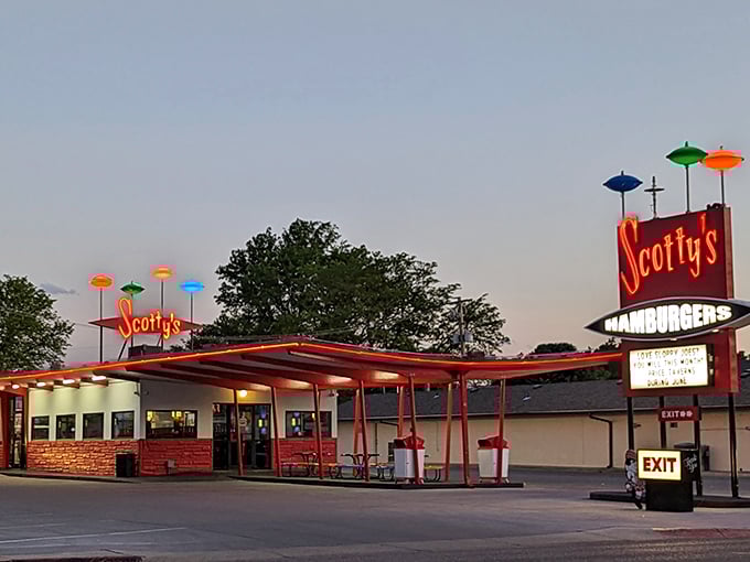 Sunset at Scotty's Drive-In—where nostalgia meets dinner time. The glow of those lights promises good things ahead!