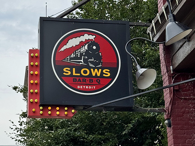 That vintage train logo at Slows isn't just cute – it's a promise that good things come to those who wait for properly smoked meat.